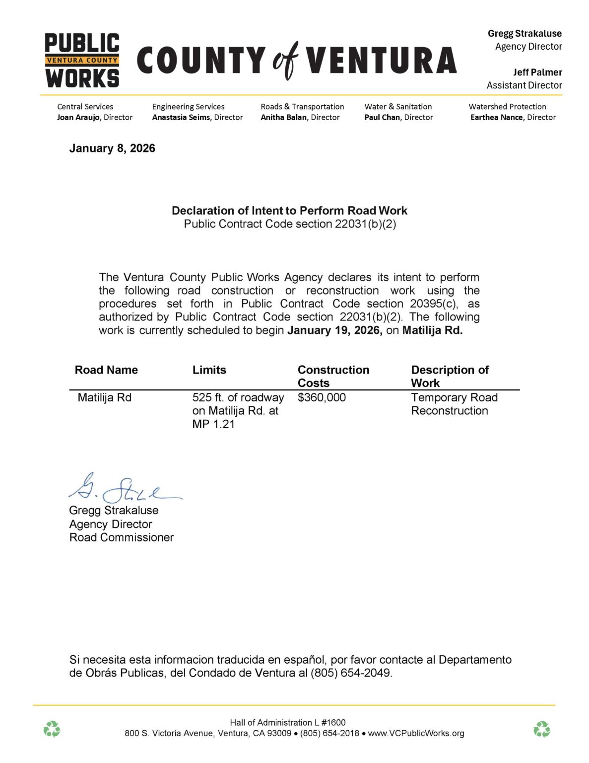 Notice of Intent to Perform Work - Matilija MP 1.21 - Ventura County ...